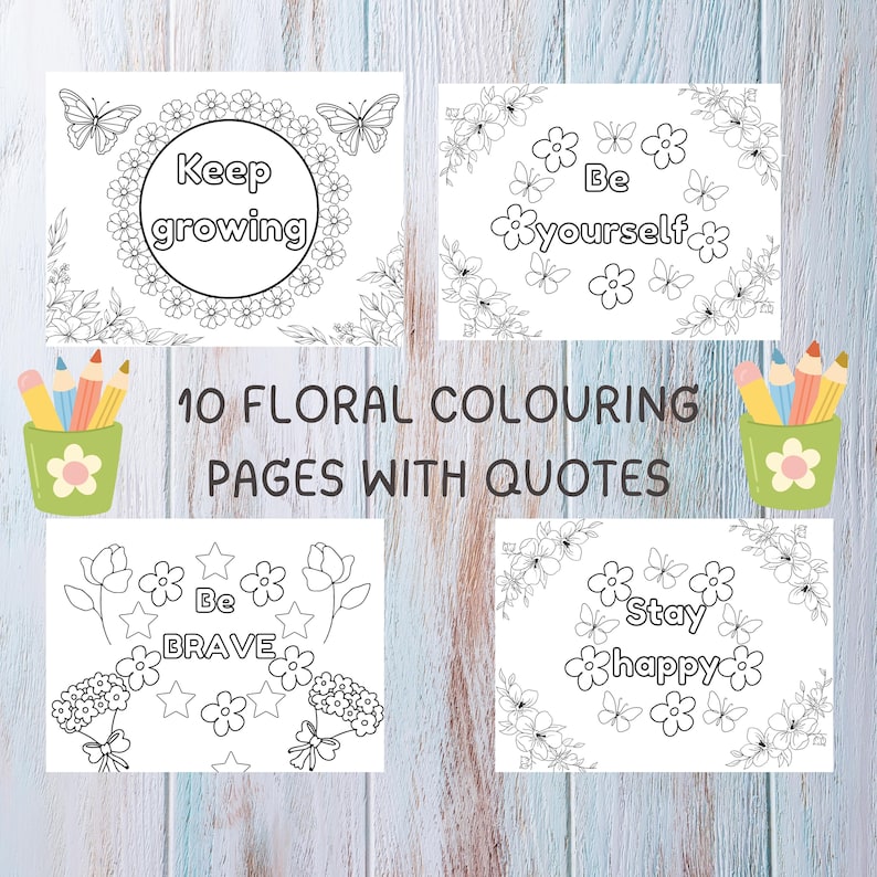 10 Floral Inspirational Quotes Coloring Pages, Mindfulness Stress ...