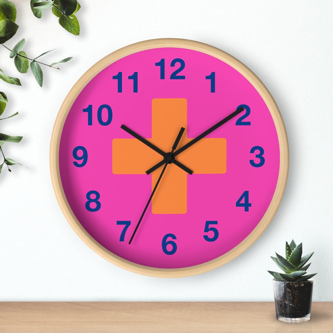 Minimalist Wall Clock, Modern Clock Hot Pink W Cross or Plus Sign ...