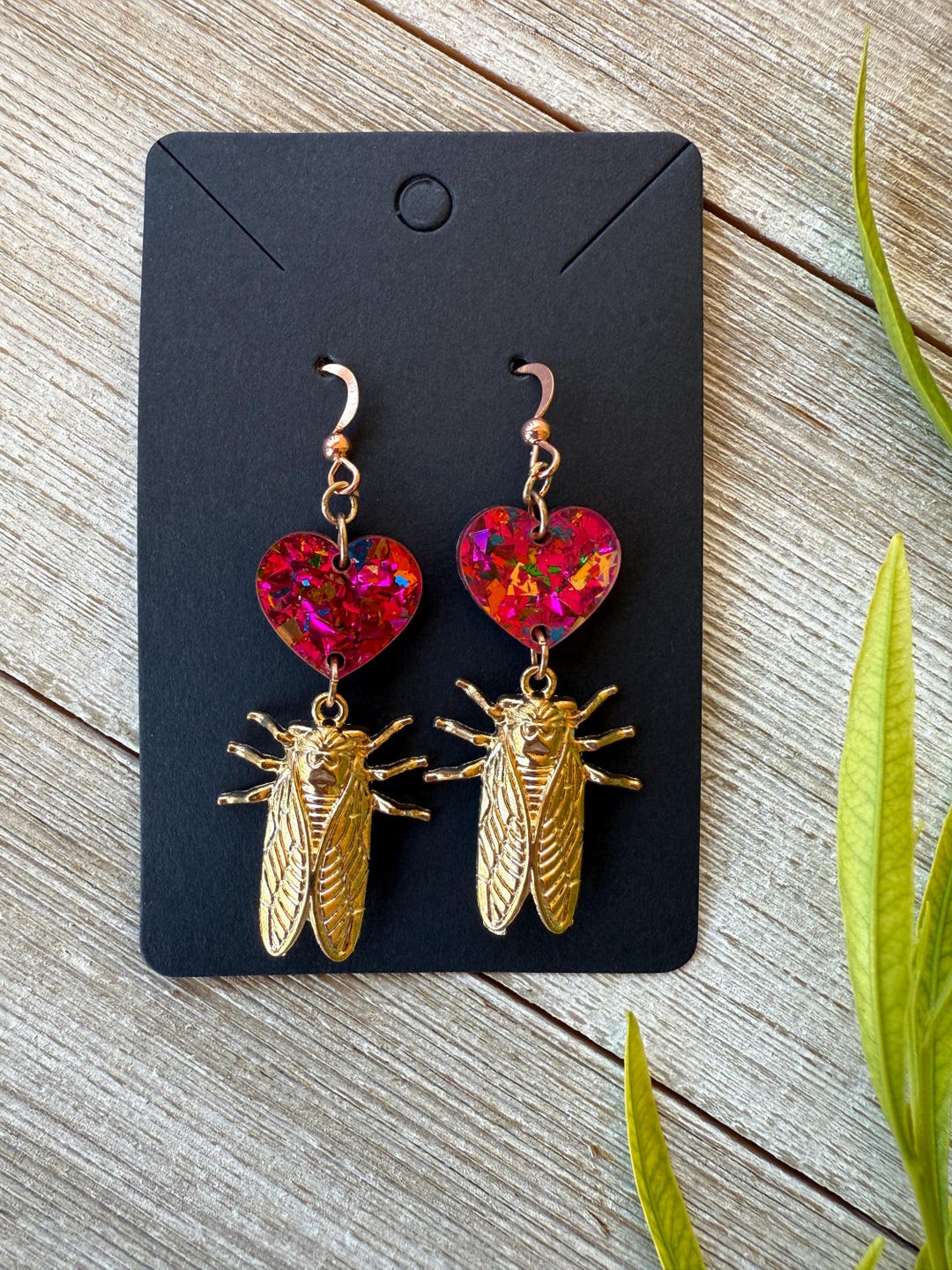 Cicada Rose Gold Heart Glitter Acrylic Dangle Earrings - Etsy