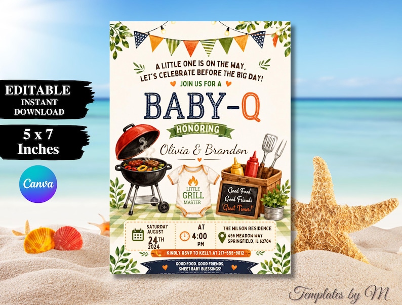 Baby-q BBQ Baby Shower Invitation Template, Editable Cookout Invite ...