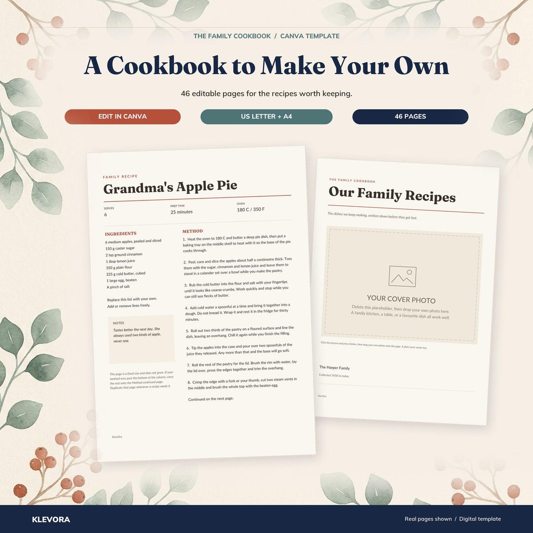 Recipe Book Template Canva, Editable Family Cookbook, 46 Pages - Etsy UK