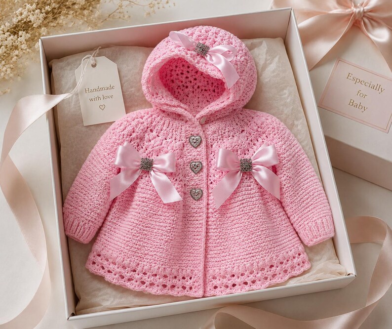 Handmade Pink Crochet Baby Hooded Coat, Satin Bows, Heart Buttons ...
