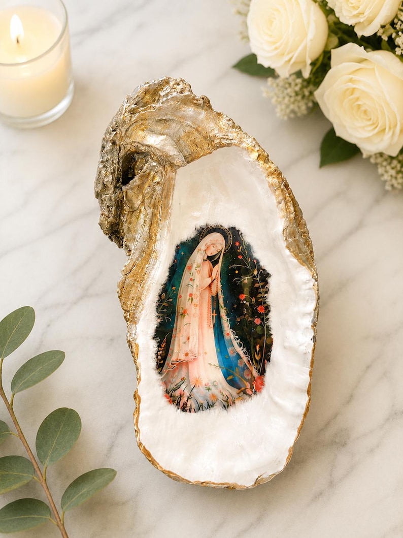 Virgin Mary Oyster Shell Dish | Catholic Gift | Christian Home Decor ...