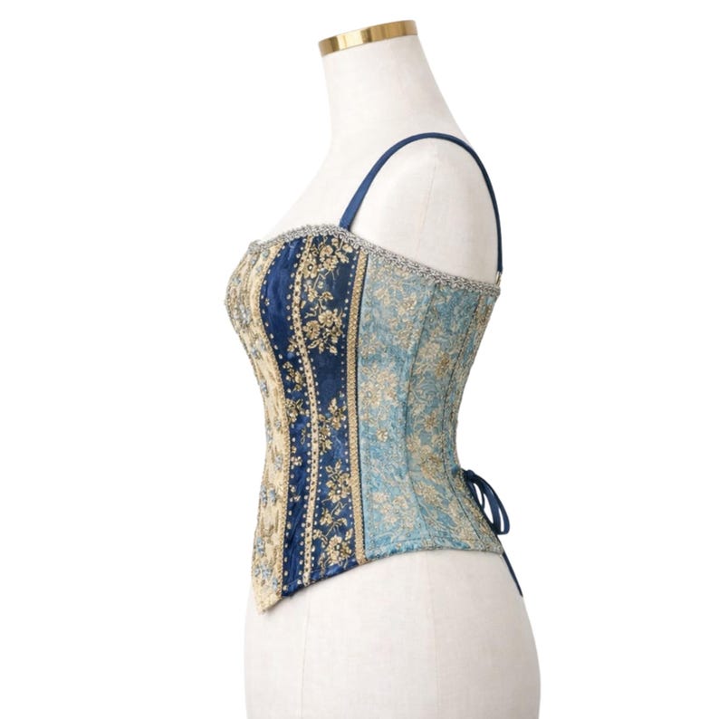 Blue Gold Embroidered Renaissance Corset Top, Victorian Brocade Bustier ...