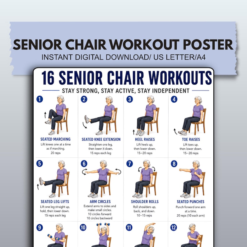 Senior Chair Workouts Printable Poster, Chair Exercise Guide for ...
