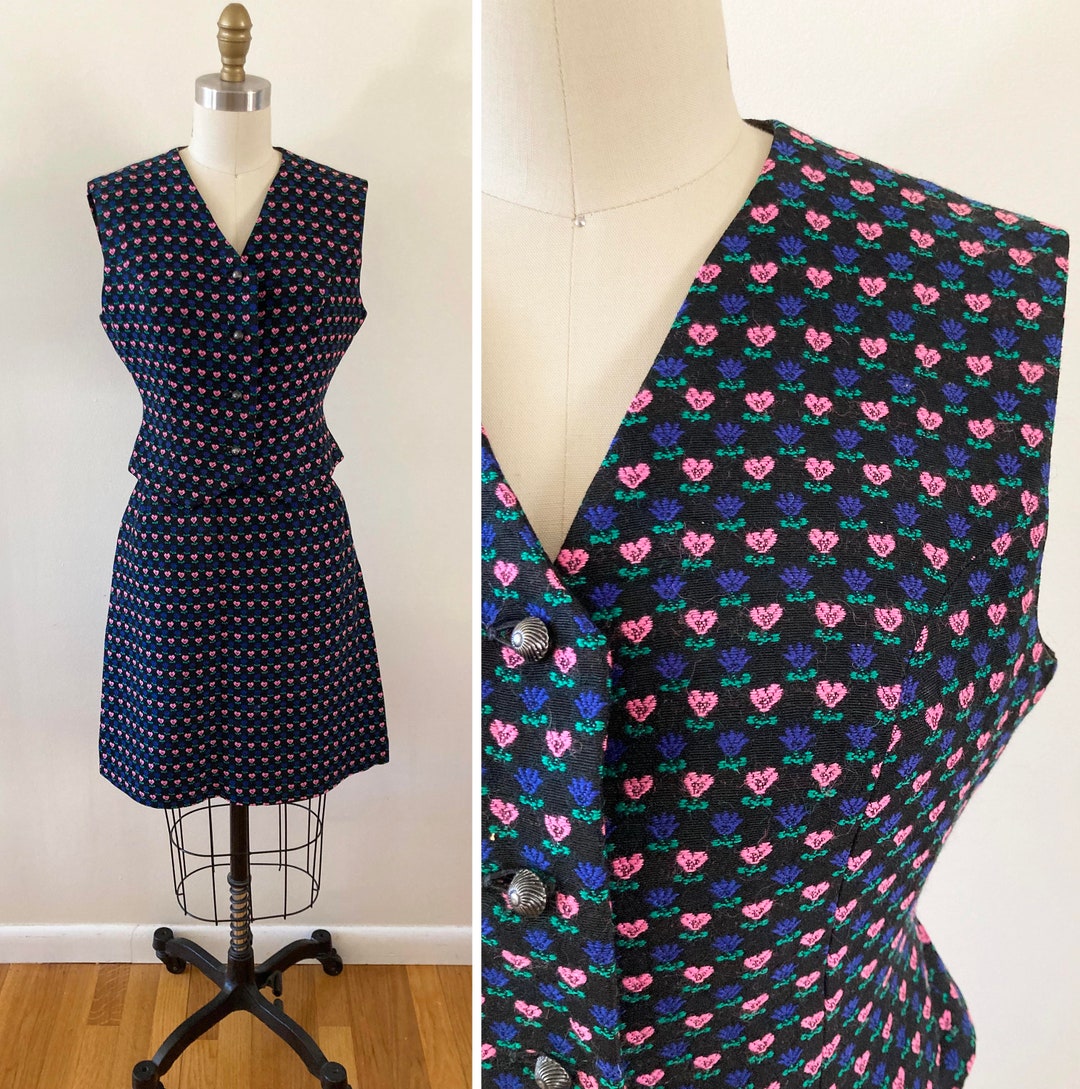 Vintage Wool Austrian Suit With Novelty Pattern / Black Skirt and Vest ...