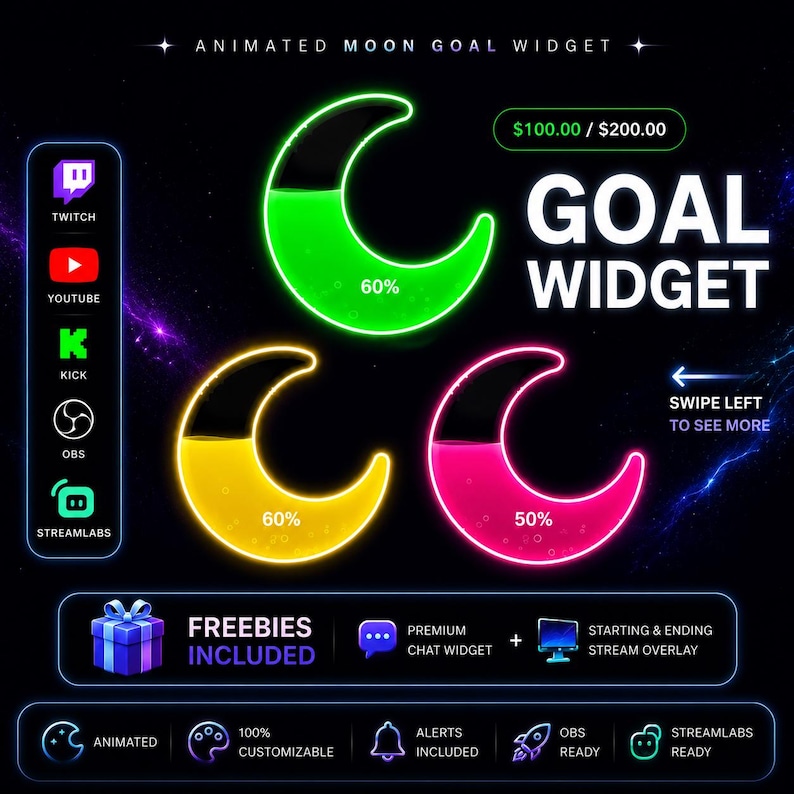 Moon Goal Widget Animated → Neon Liquid Fill Tip Sub Follower Donation ...