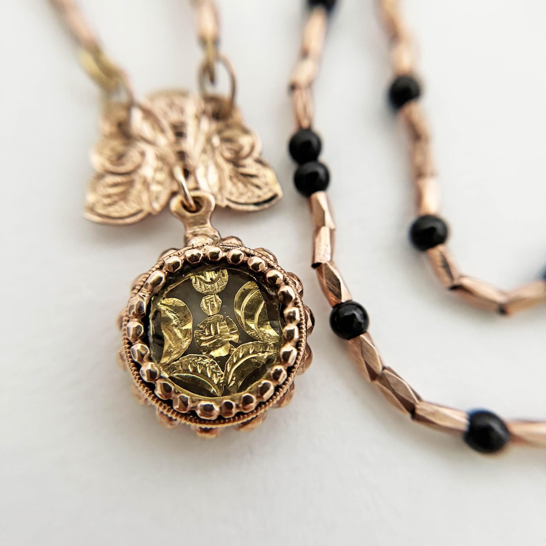 Small Antique 10K Rose Gold Relicario Necklace With New Black ...