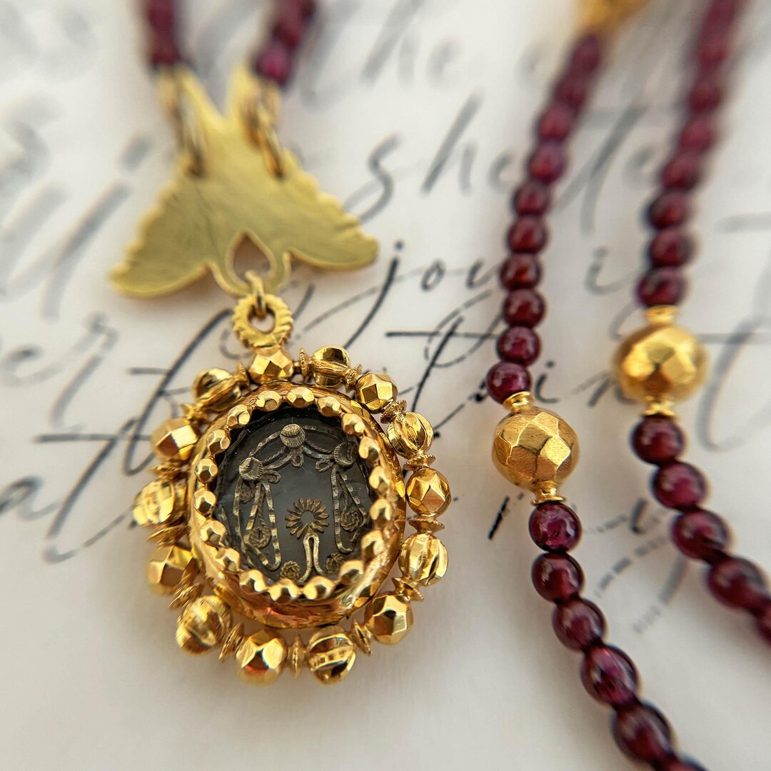 Antique 10K Gold Relicario With New Garnet Tamburin Necklace From the ...
