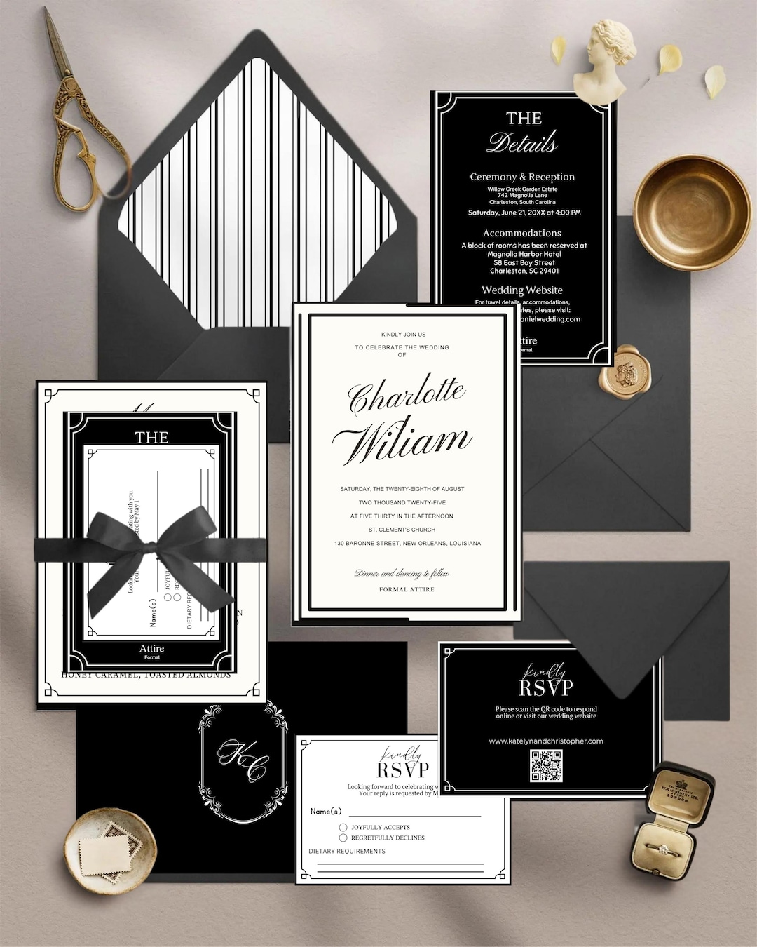 Elegant Wedding Invitation Suite Template, Black Tie Design, Canva ...