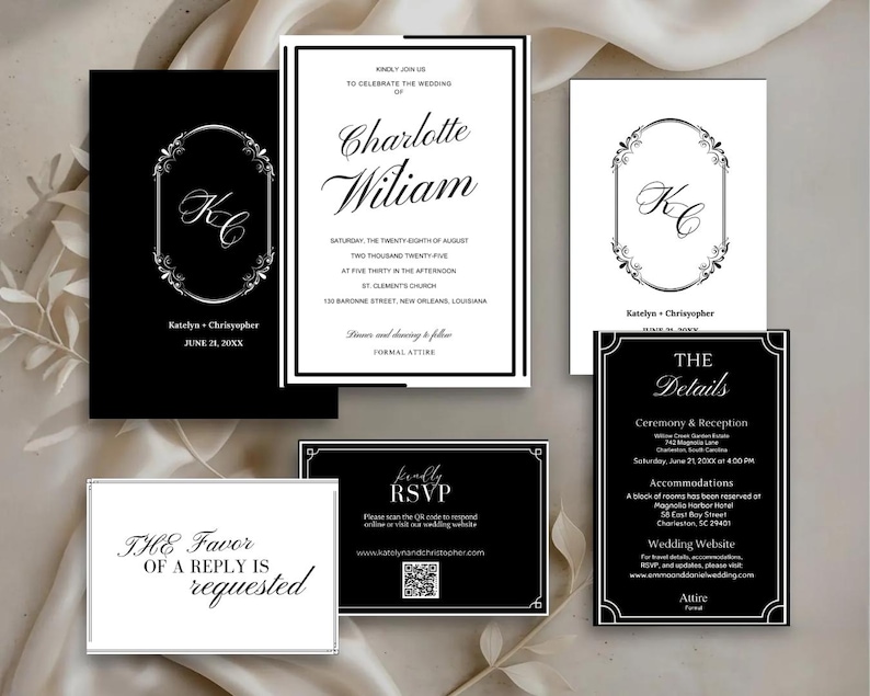 Elegant Wedding Invitation Suite Template, Black Tie Design, Canva ...