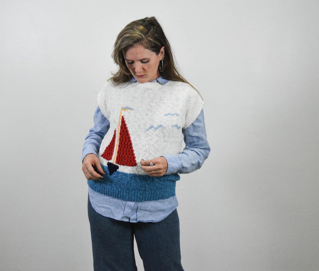 90s Nautical Sweater Vest: Red Sailboat, Acrylic Knit, Size S - Etsy