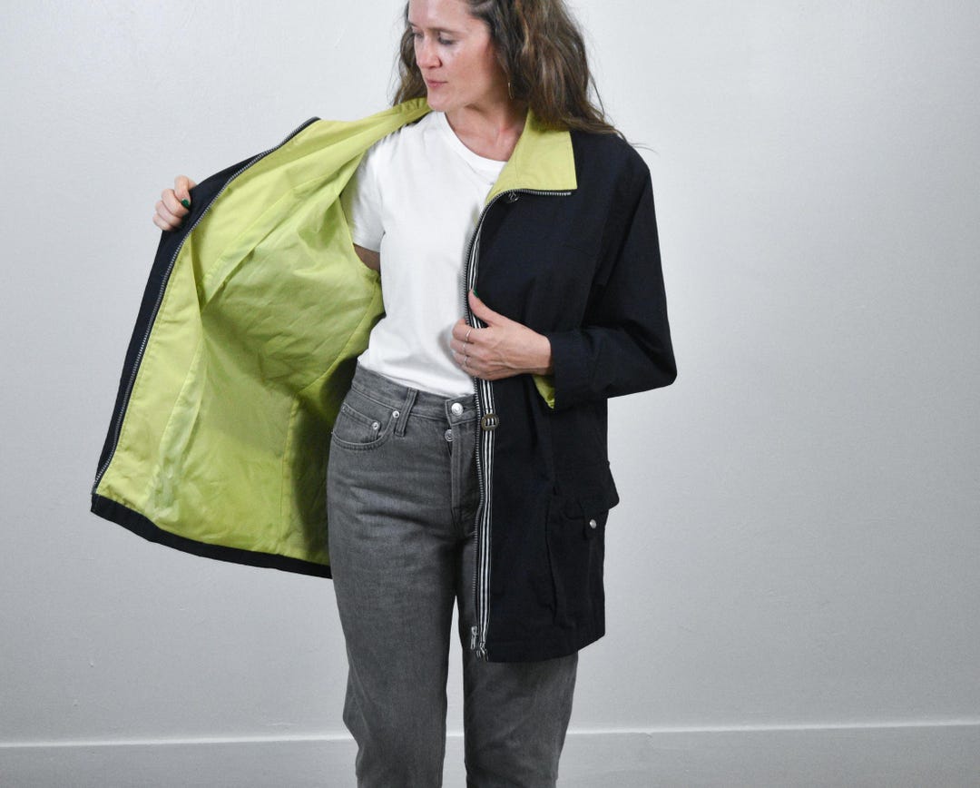 Vintage Y2K Raincoat: Navy Blue Spring Jacket With Lime Green Lining ...