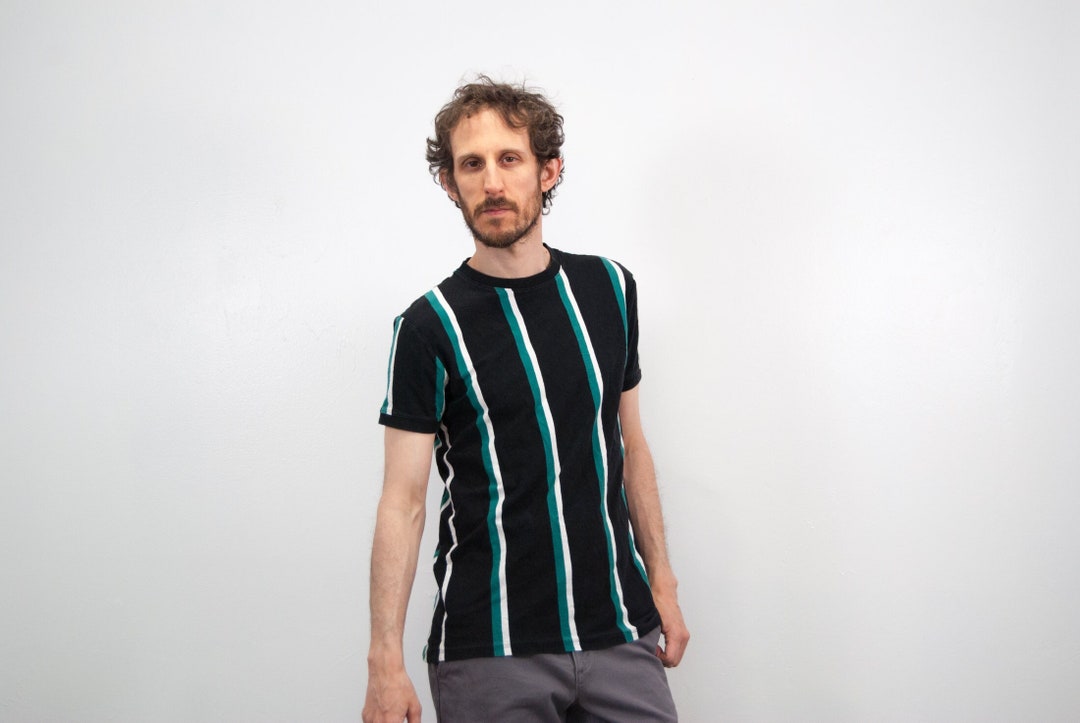 Vintage 90s Men's Striped Black T Shirt / Green and White Vertical ...