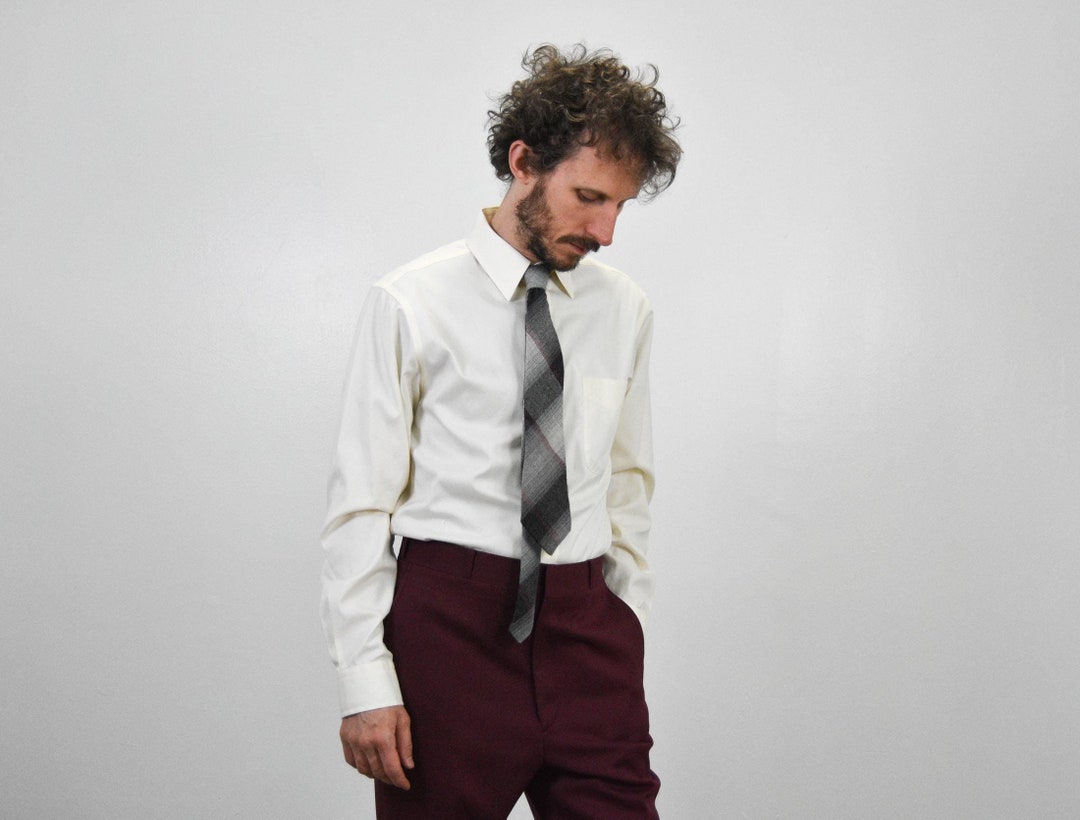 Vintage 80s Pure Acrylic Gray Necktie / Grey and Burgundy Check Office ...