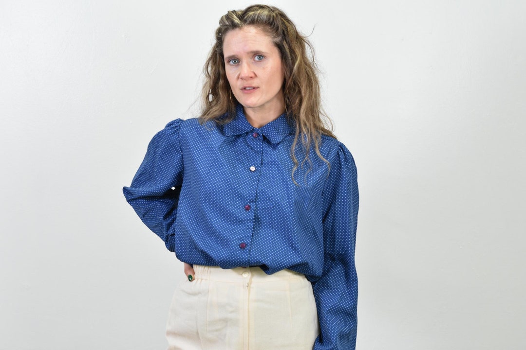 1980s Polka Dot Satin Blouse / Royal Blue Secretary Blouse With Point ...