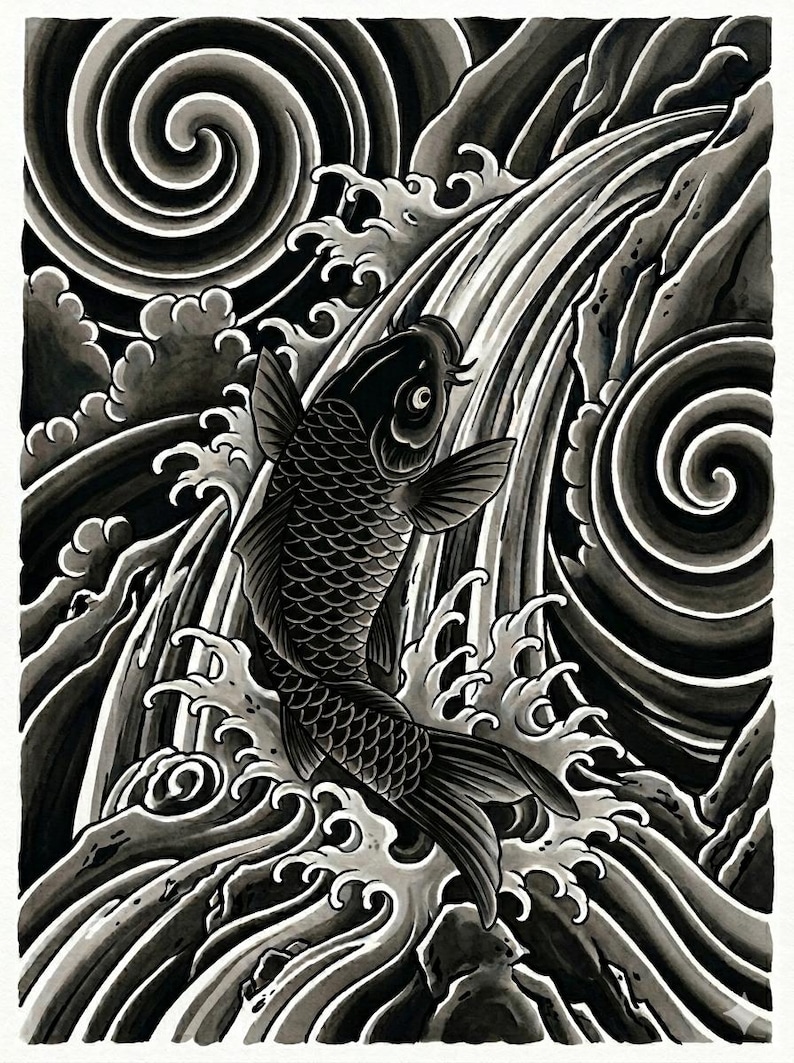 Black Ink Koi Fish Japanese Tattoo Flash - Etsy