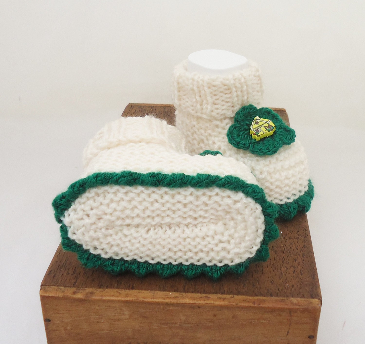 Handknitted Baby Booties, Cute Baby Booties, White and Green Baby ...