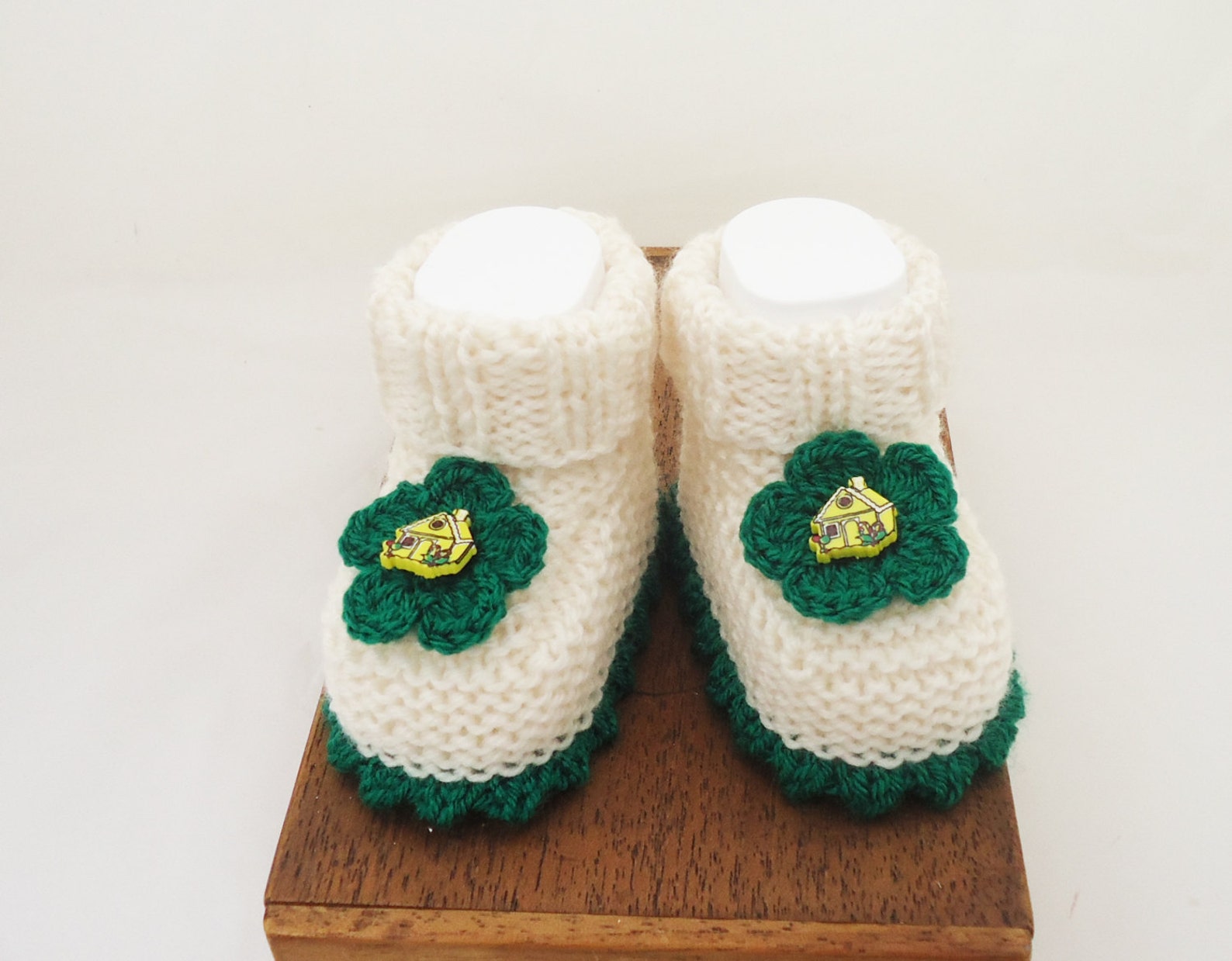 Handknitted Baby Booties, Cute Baby Booties, White and Green Baby ...