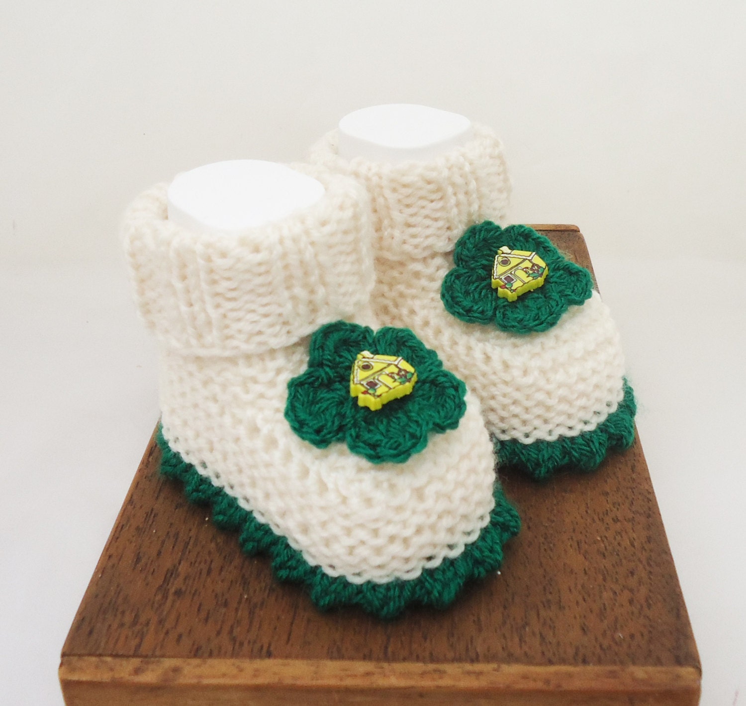 Handknitted Baby Booties, Cute Baby Booties, White and Green Baby ...
