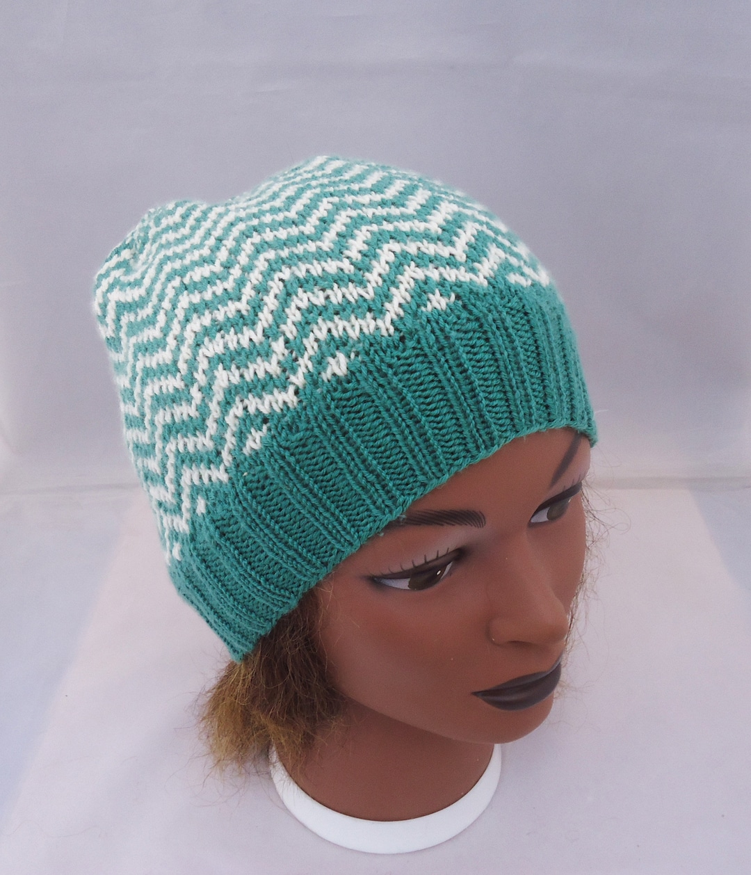 Women's Zig Zag Hat, Hand Knit Zig Zag Hat, White and Mint Winter Hat ...
