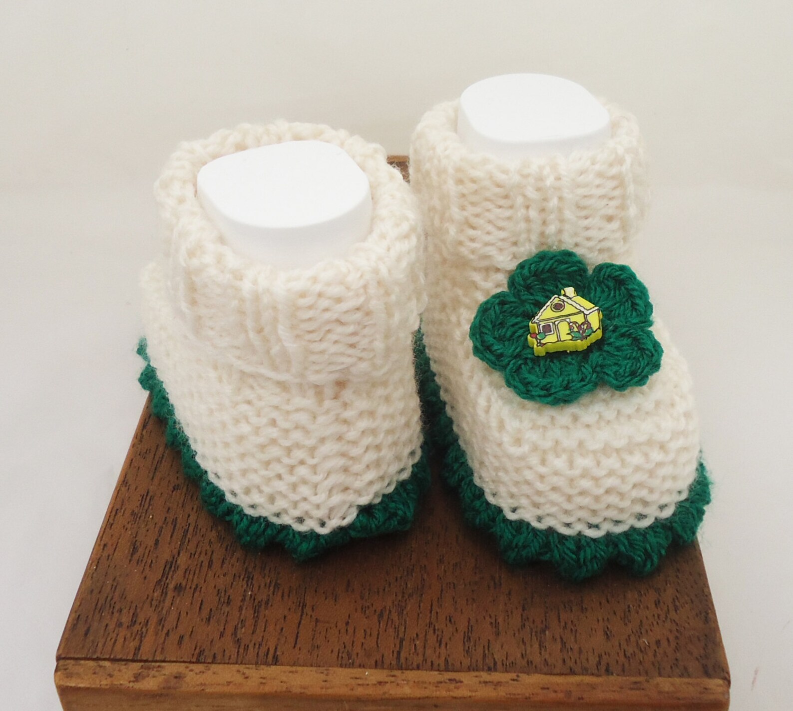 Handknitted Baby Booties, Cute Baby Booties, White and Green Baby ...