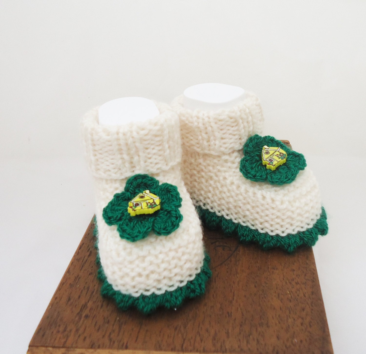 Handknitted Baby Booties, Cute Baby Booties, White and Green Baby ...