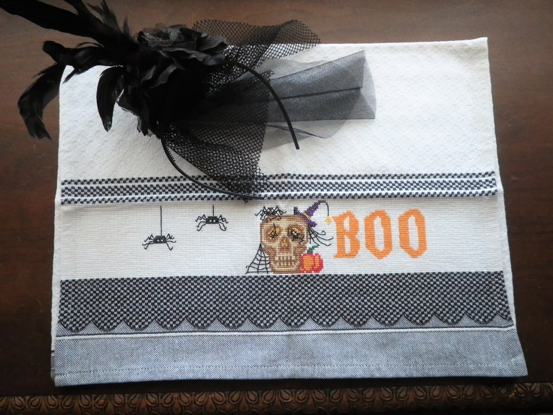 Boo! XL Kitchen Towel Halloween Skull Witch's Hat and Spiders 18 X 28 ...