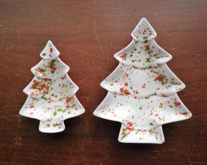 Pair of Funky Nesting Christmas Trees Candy Dishes Orange Red Speckled ...