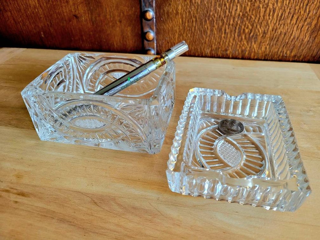 2 Pc Vintage Heavy Glass Cigarette Box With Ashtray Lid - W/ Fans Etch ...