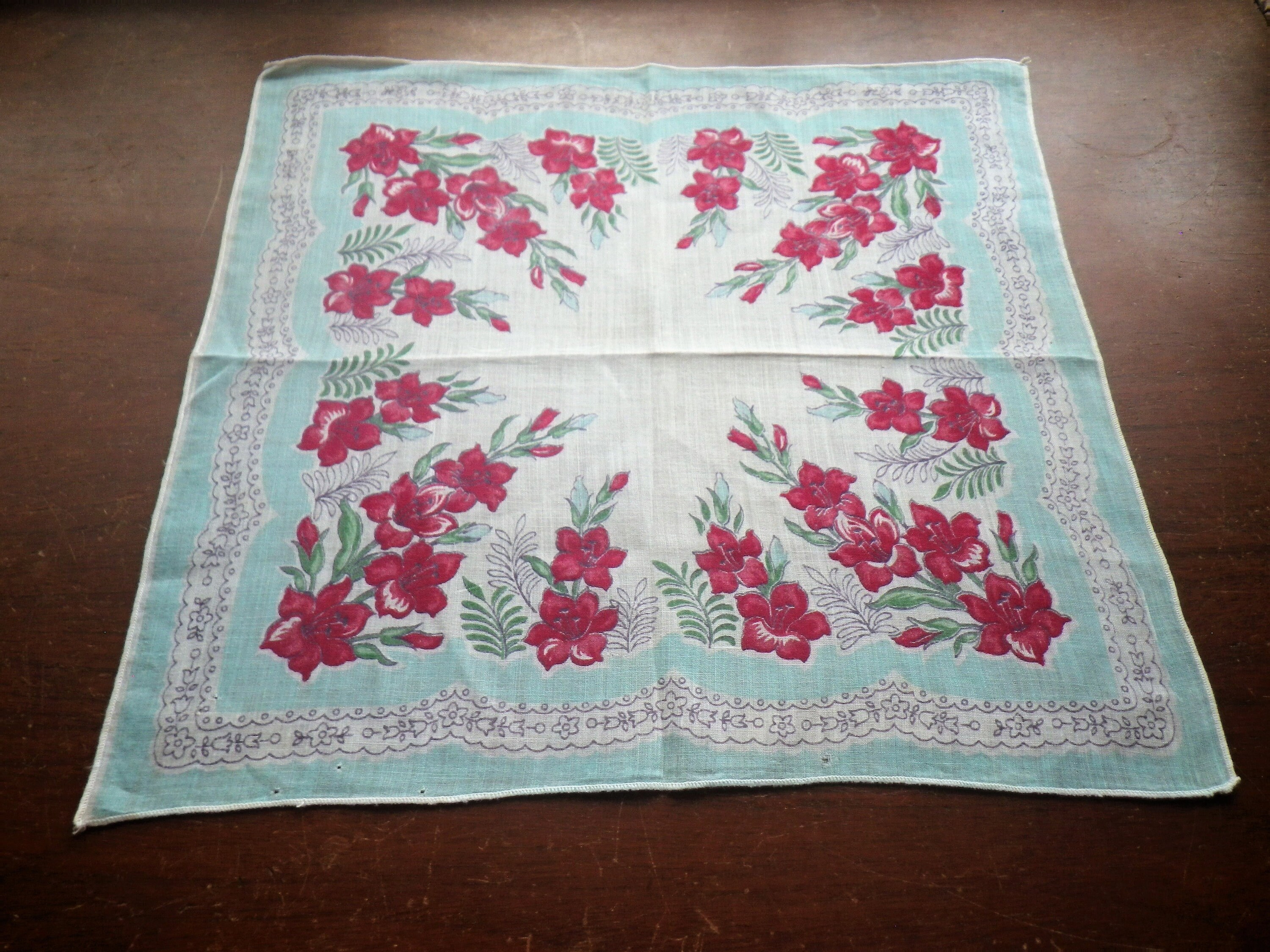 Handkerchief Batiste Cotton Vintage Blue Red Floral Delicate | Etsy