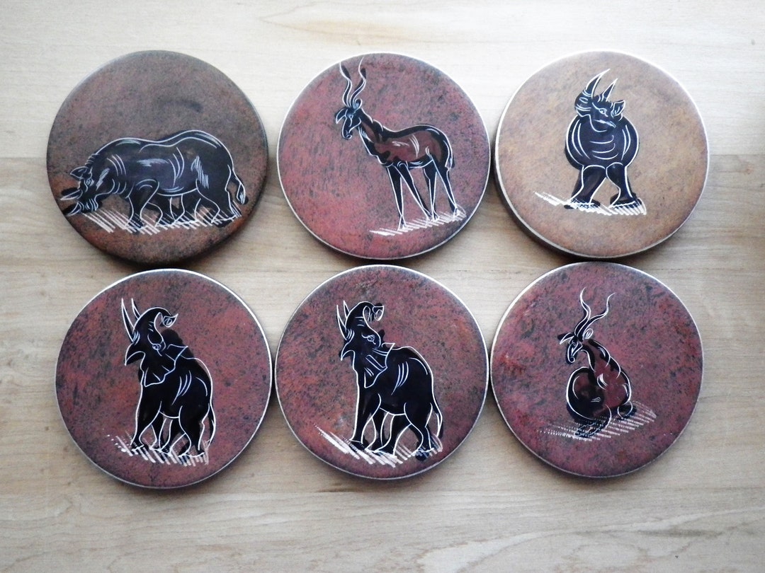 Set of 6 Tribal Coasters and Holder Hand Painted Stone Coasters Africa ...