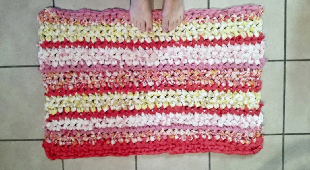 Crochet Rag Rug Pink Sunshine 38x24" Artisan Cottage Chic Gypsy Eco ...