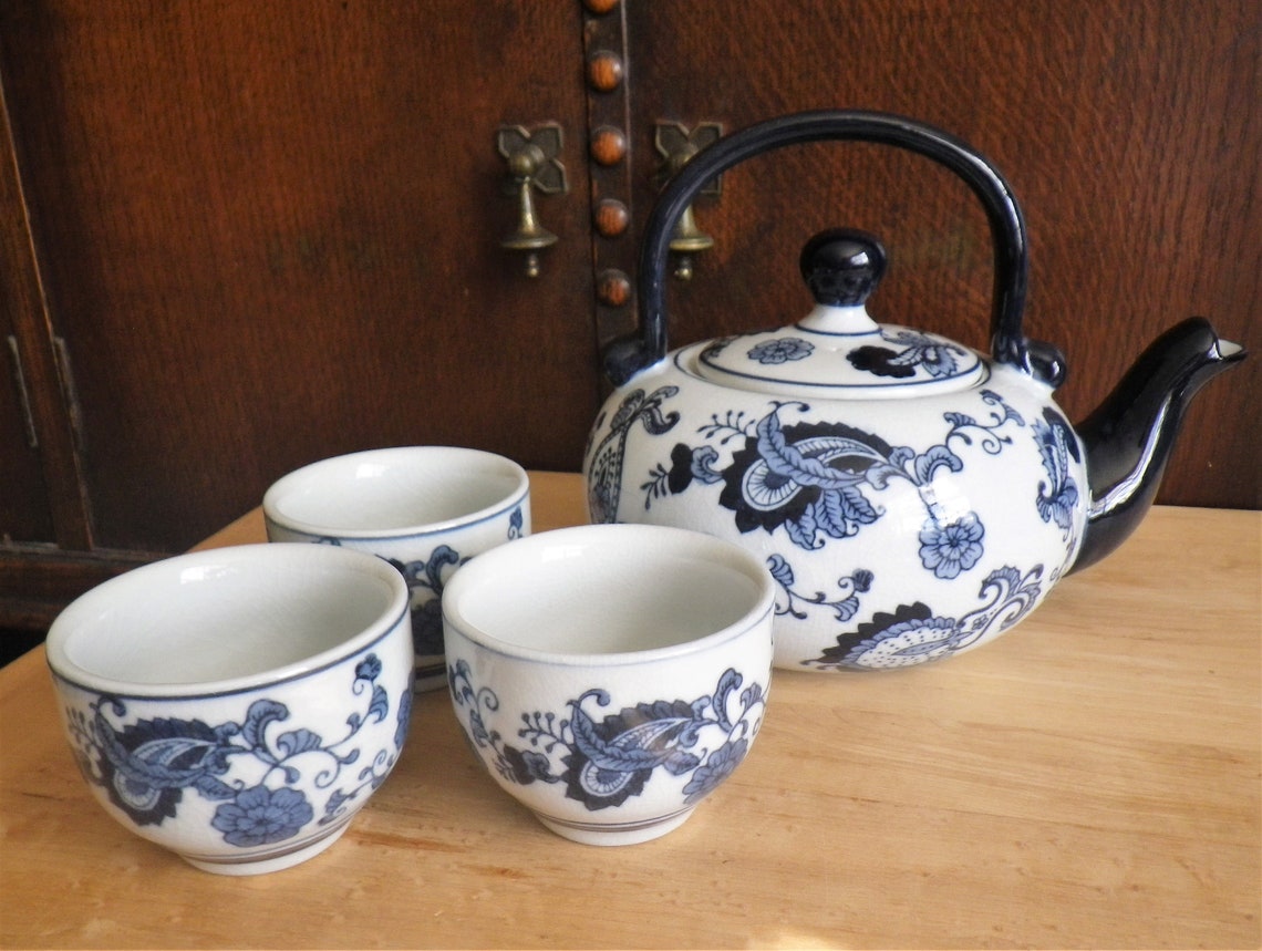 Pier One Blue China Tea Set Teapot and 3 Tea Cups - Etsy