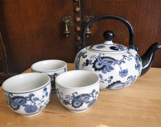 Pier One Blue China Tea Set - Teapot and 3 Tea Cups Chinoiserie Tea ...