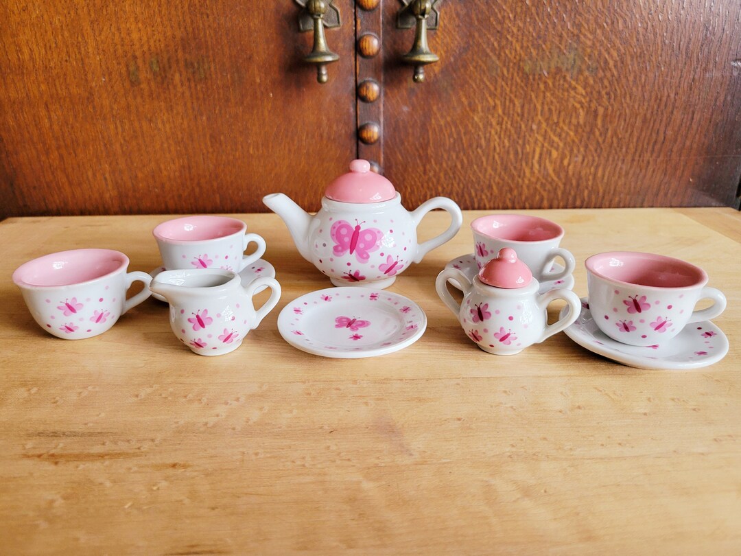 13 Pc Pink Butterfly Miniature Tea Set W/ Teapot Lid, 4 Cups, 4 Saucers ...