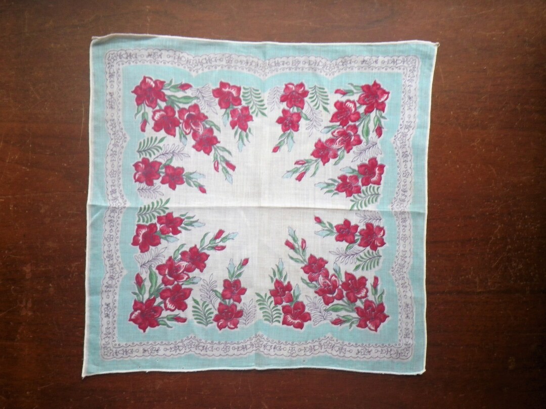 Handkerchief Batiste Cotton Vintage Blue Red Floral Delicate 12x12 ...