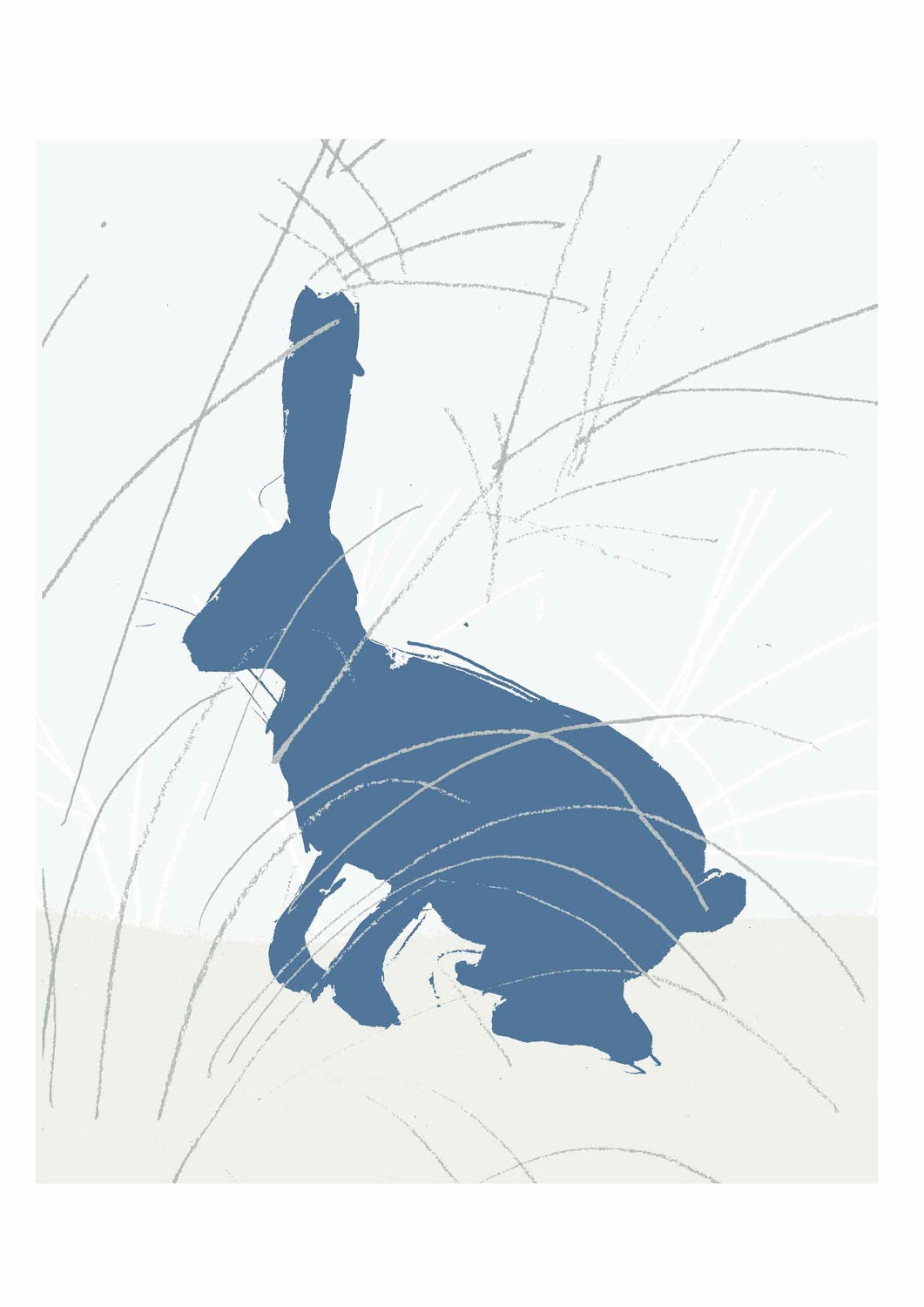 Illustrated 'blue Hare in the Grass' Paper Print for Wall - Etsy