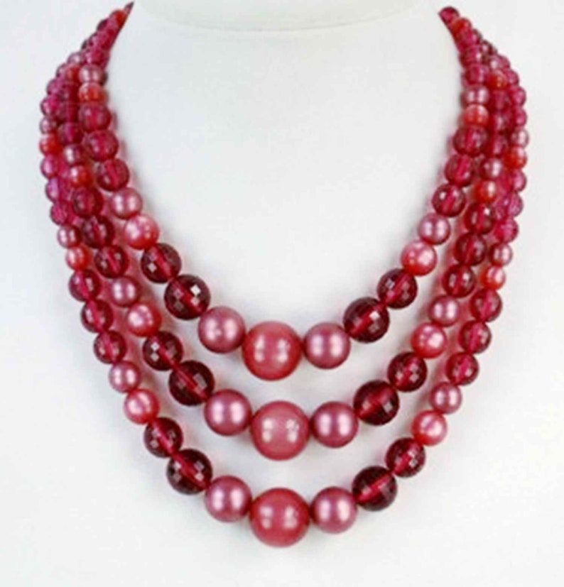 Triple 3 Strand Rose Pink Bead Necklace | Etsy