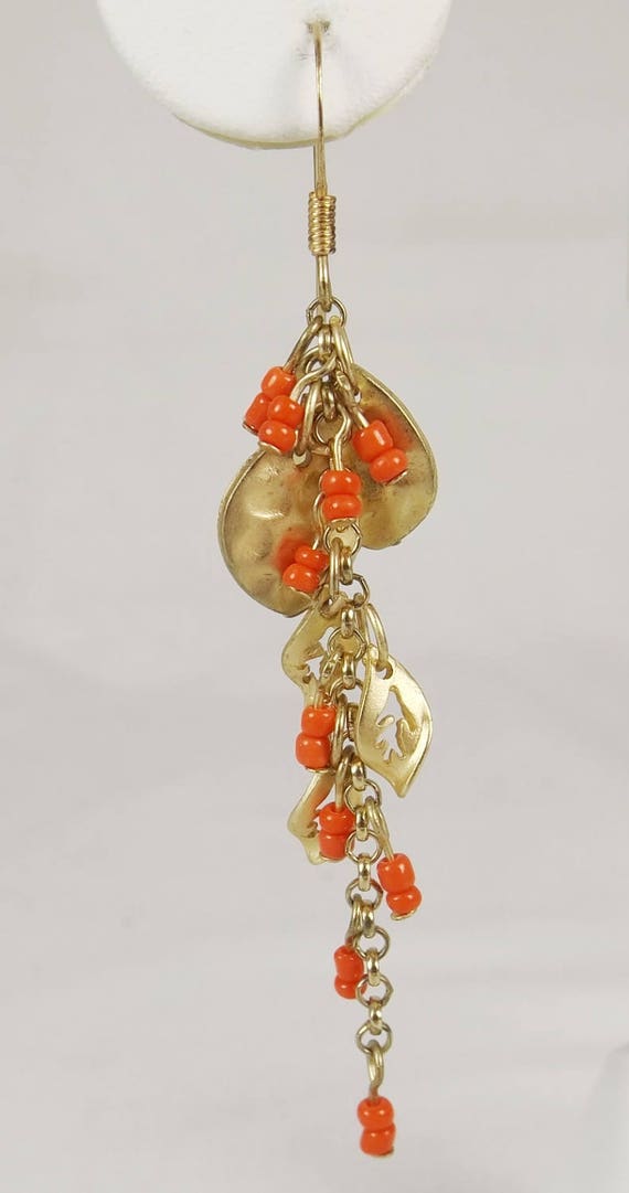 Matte Gold Tone and Orange Seed Bead Dangles - Gem