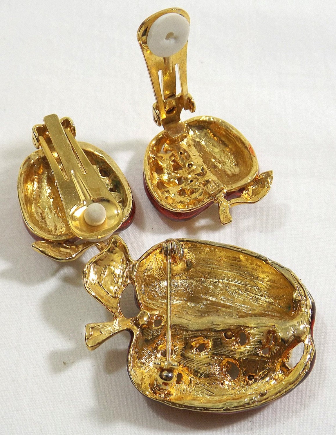 Apple Brooch and Clip on Earring Set - Etsy