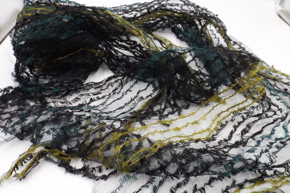 Multicolored Yarn and Sheer Black Chiffon Long Scarf - Etsy