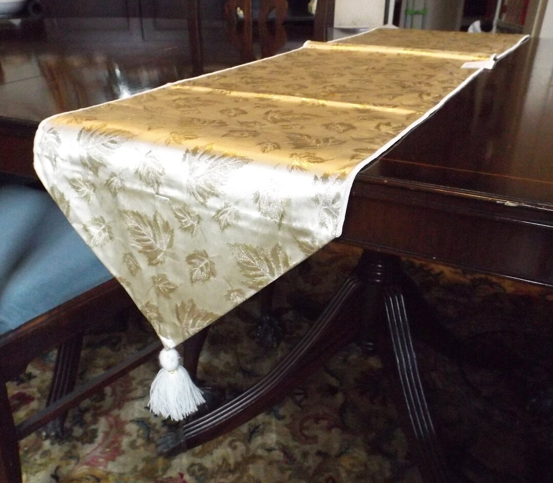 13.75x74" Metallic Gold Leaf Print Table Runner With Tassels - Etsy
