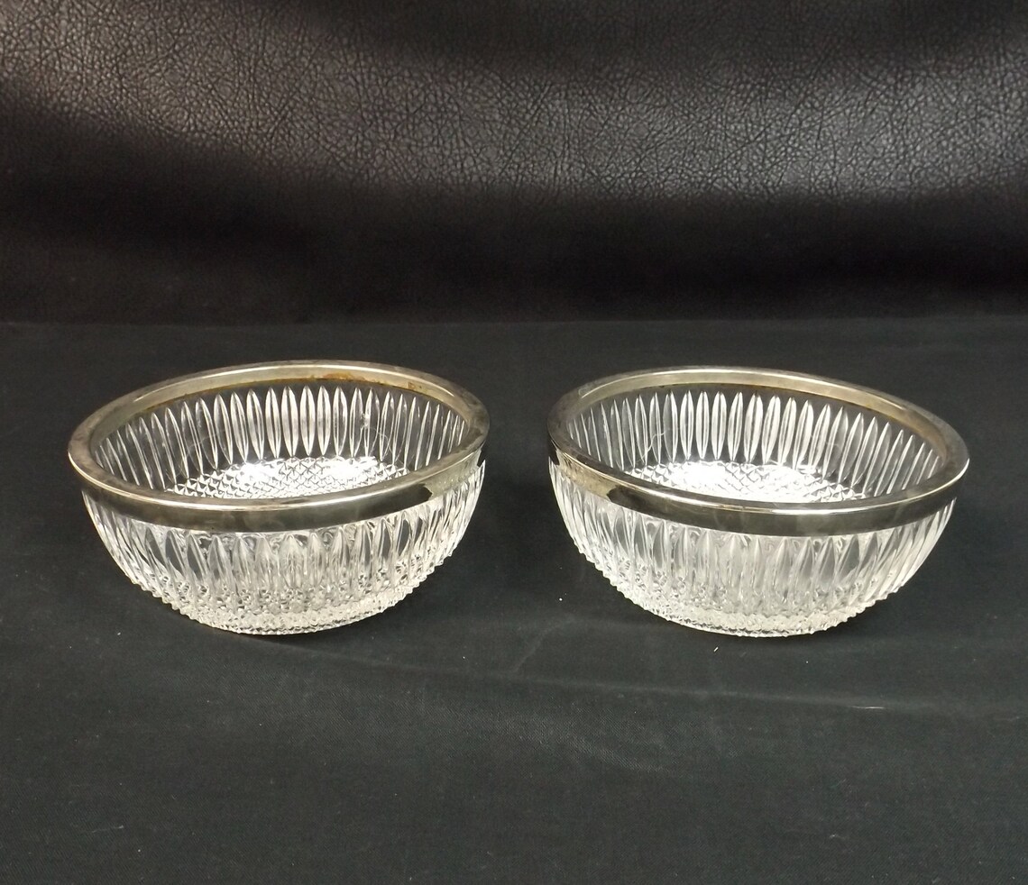 Pair 2 Pressed Glass Bowls Silver Plate Rim - Etsy