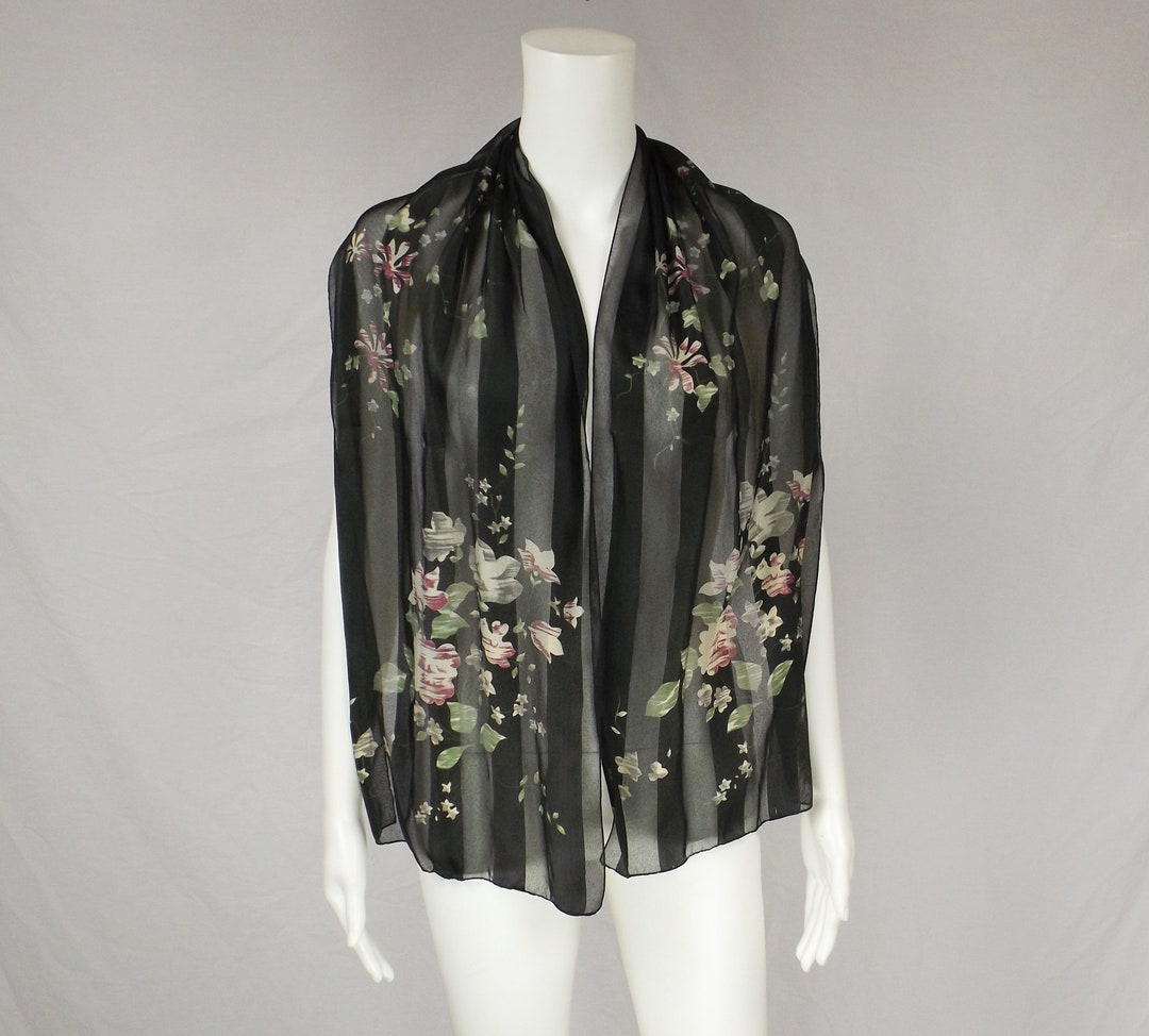 Floral Print Over Black Long Rectangle Scarf - Etsy