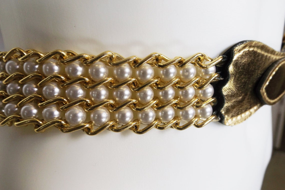 Gold and Faux Pearl Chain Belt Size L to XL - Etsy