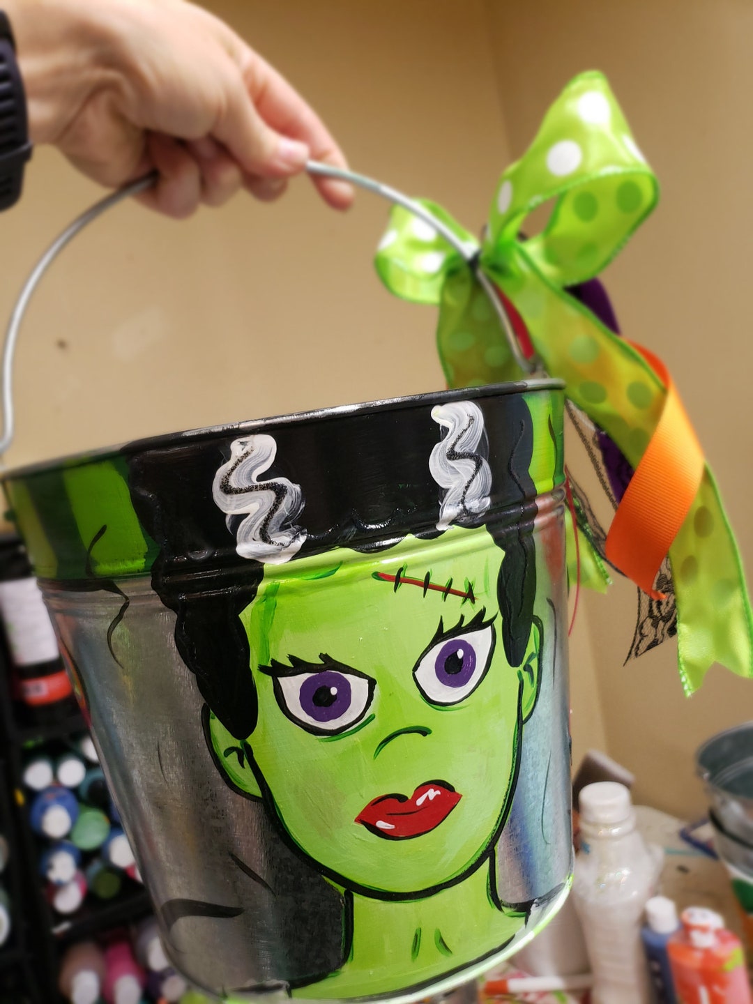 Personalized Hand Painted Halloween Bucket Metal Pail, Bride of ...