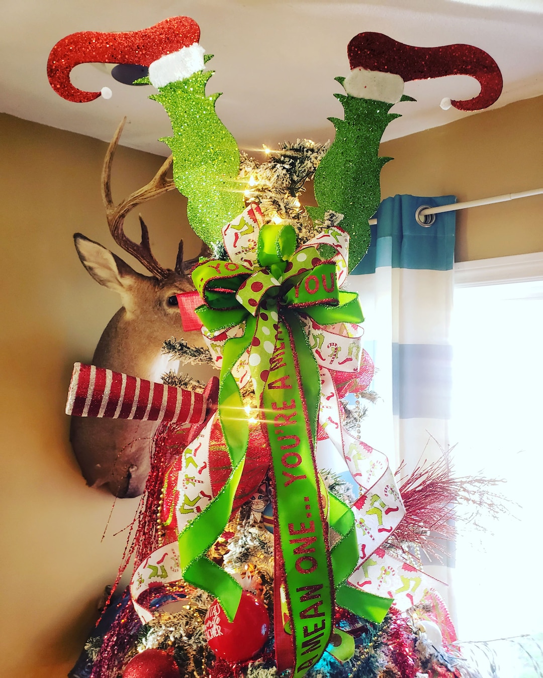 Grinch Leg and Ribbon Bow Tree Topper Combo - Etsy