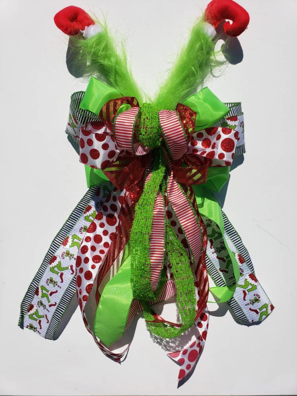 Grinch Bow With or Without Furry Grinch Legs Pick Ribbon Bow Tree ...