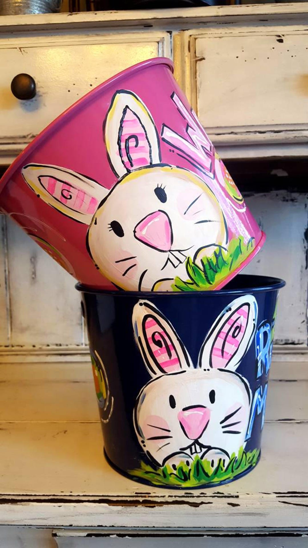 EASTER BASKET, Large Round Pail Personalized Hand Painted Easter Bucket ...